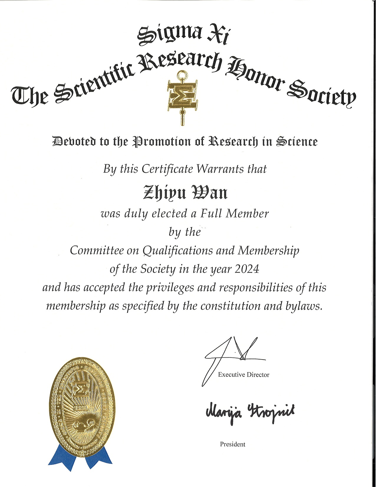 Full Member of Sigma Xi – Zhiyu Wan